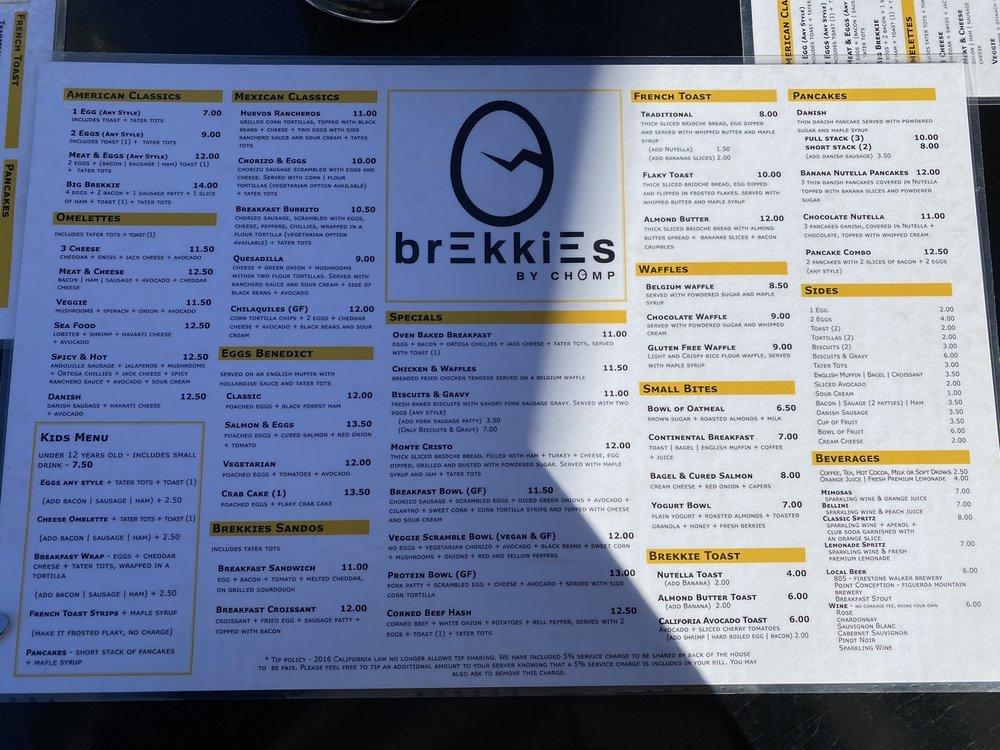 Menu at brekkies by chomp restaurant, Solvang