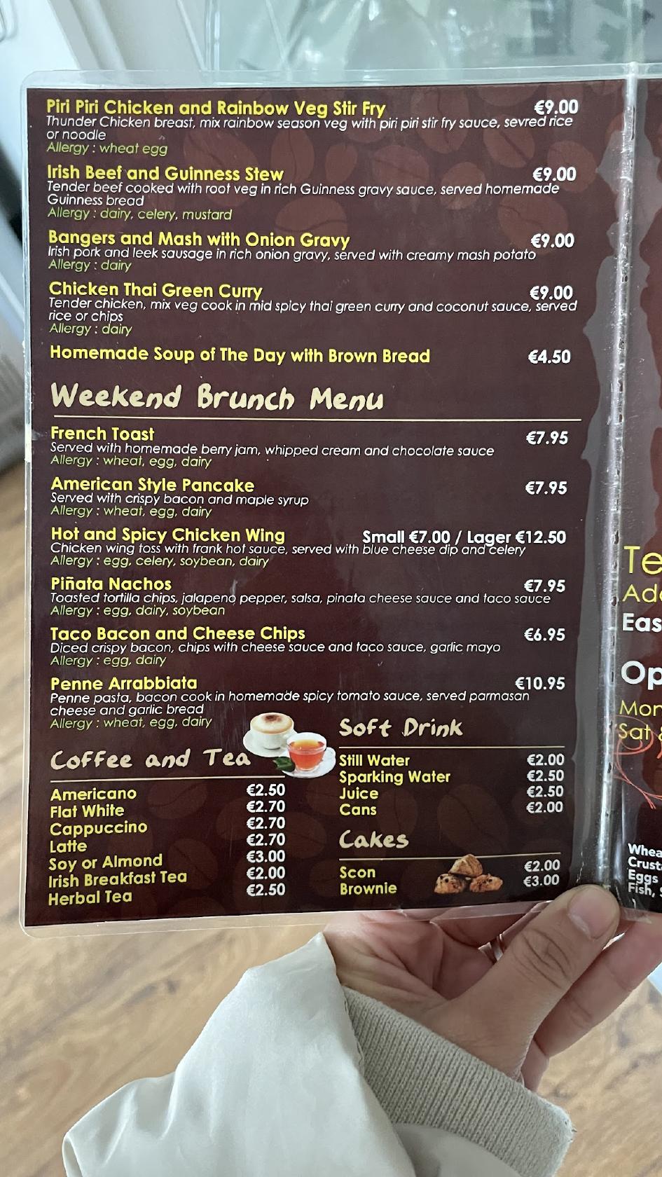 Menu at Cafe 112, Dublin