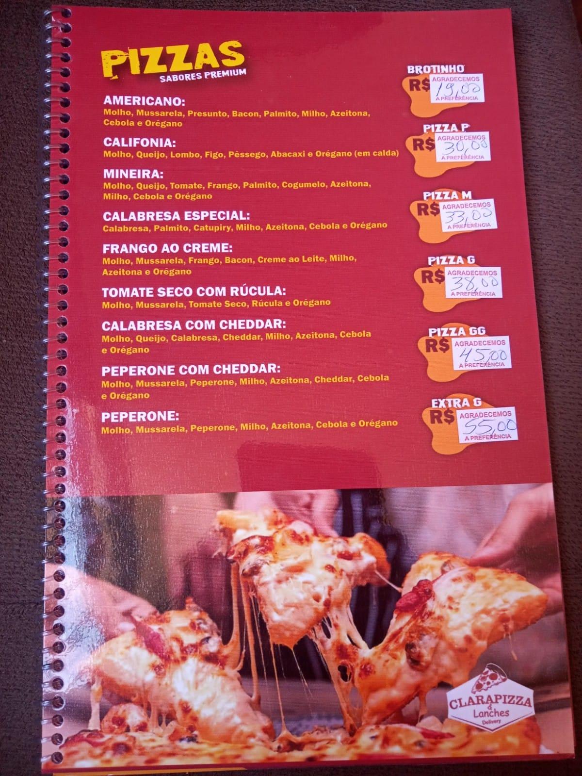 Menu at Clara Pizza restaurant, Teresina