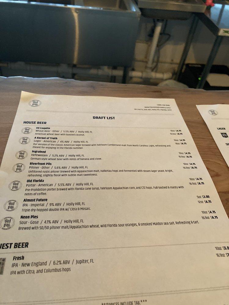 Menu at Red Pig Brewery pub & bar, Holly Hill