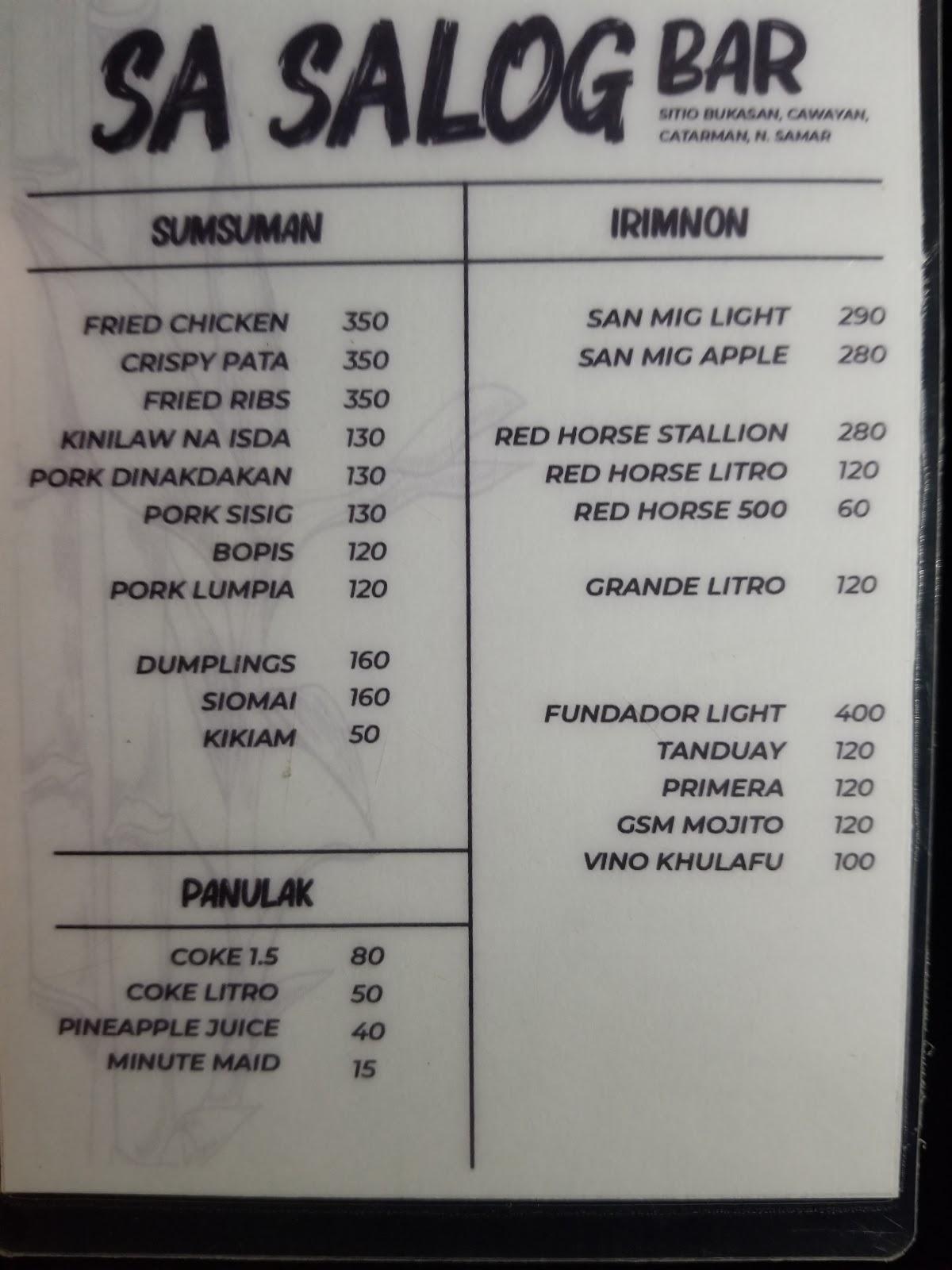 Menu at Sa Salog Bar, Catarman