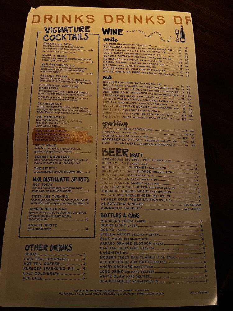 Menu at The VIG North Central restaurant, Phoenix