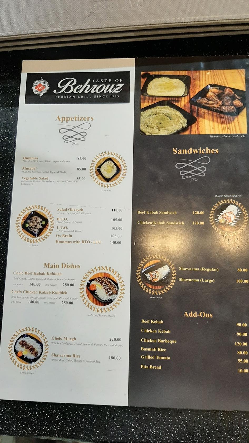 Menu at Behrouz restaurant, Santa Rosa