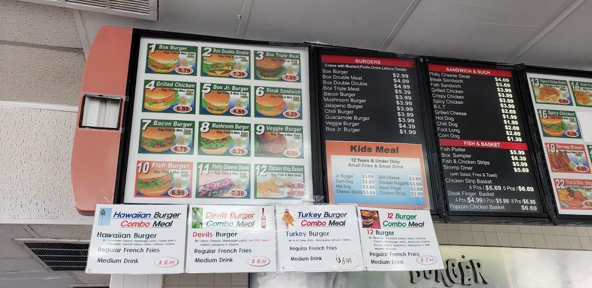 Menu at Burger Box fast food, Richland Hills, Glenview Dr