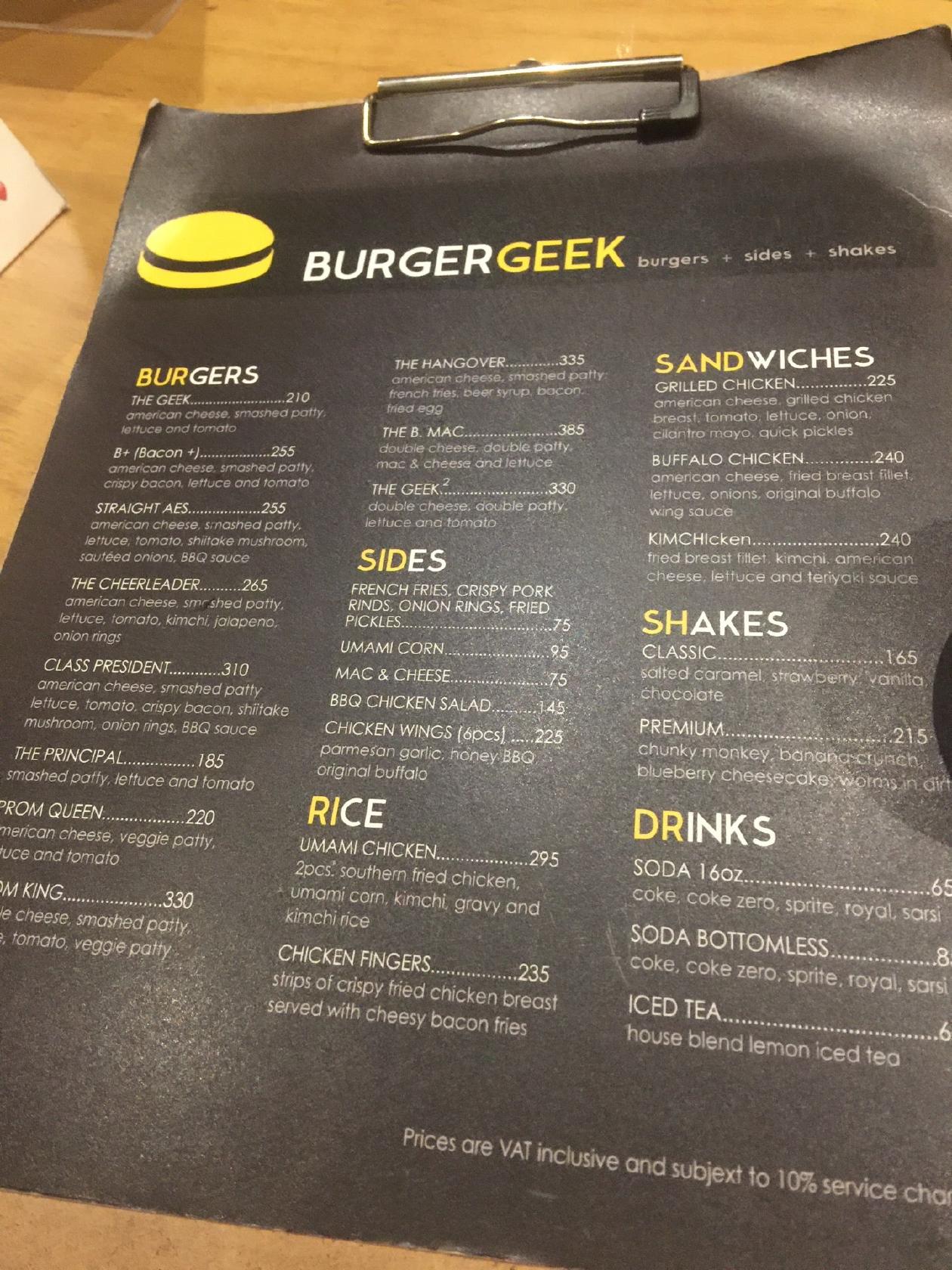 Menu at Burger Geek restaurant, Muntinlupa