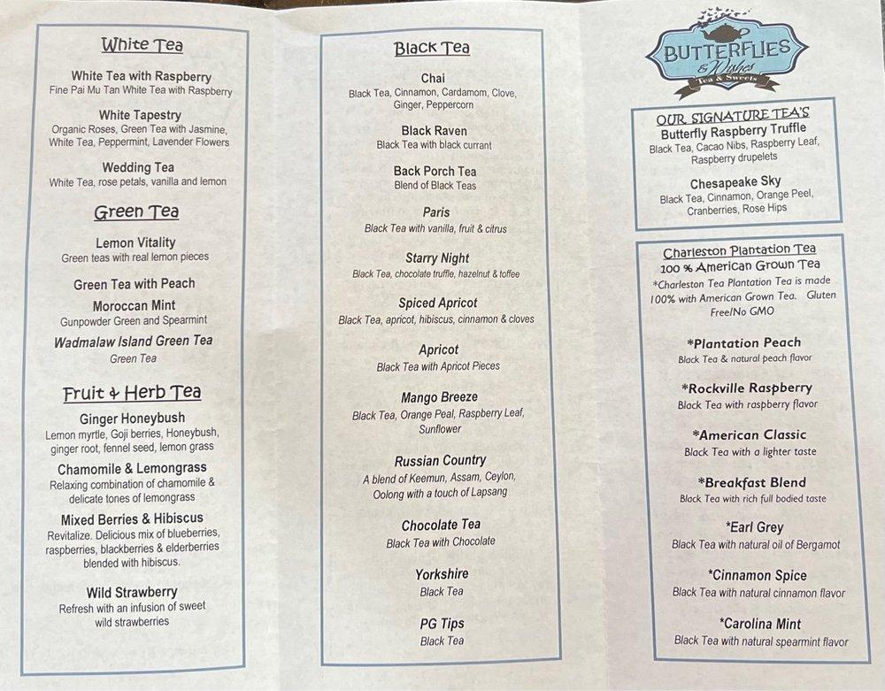 Menu at Butterflies & Wishes Tea & Sweets, Chesapeake Beach