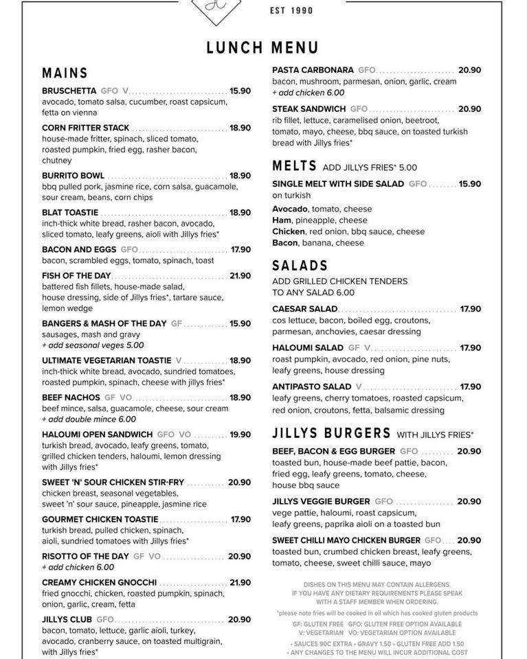 Menu At Jillys Cafe Toowoomba City Menu At Jillys Cafe Toowoomba City