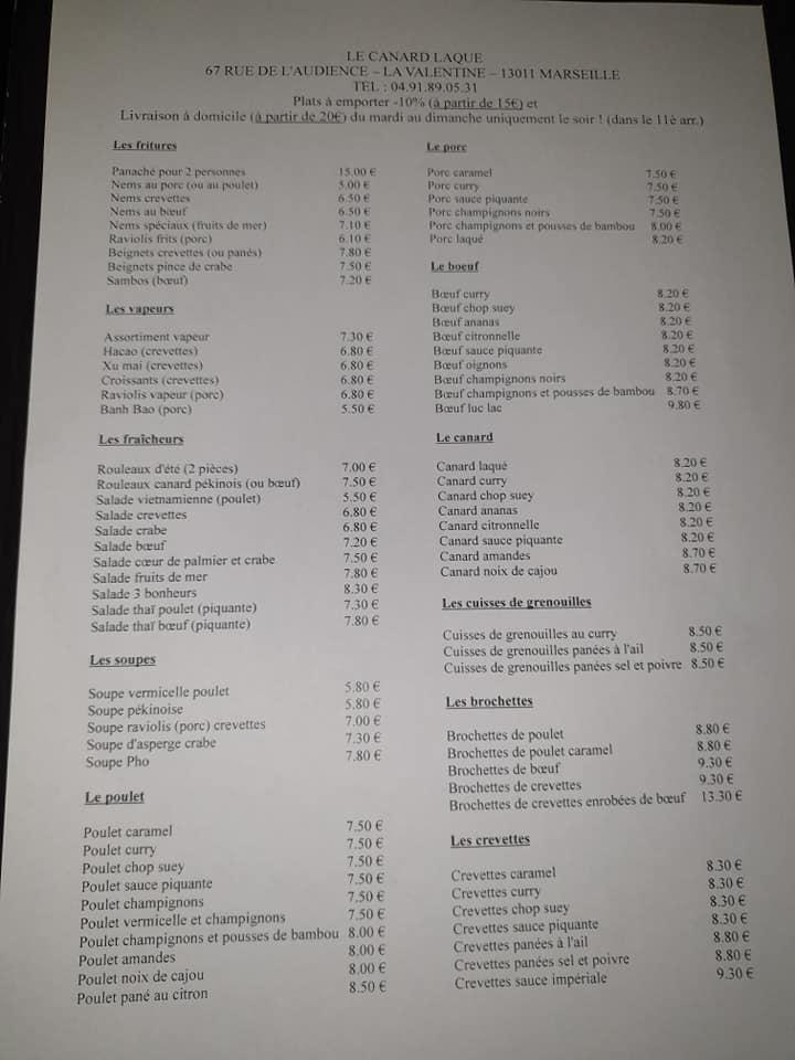 Menu au Le Canard Laqué restaurant, Marseille