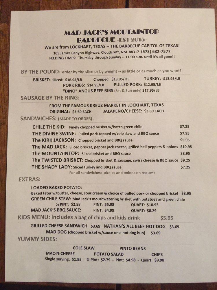 Menu at Mad Jack's Mountaintop Barbecue, Cloudcroft