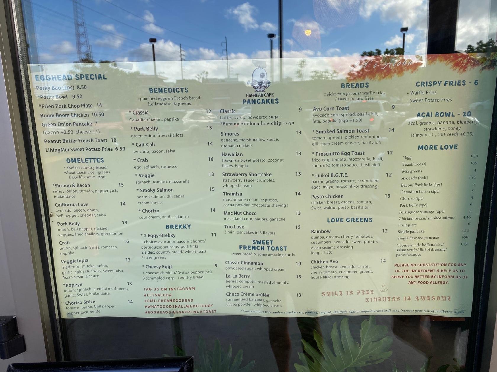 Menu at Egghead Cafe, Honolulu, Dillingham Blvd #8