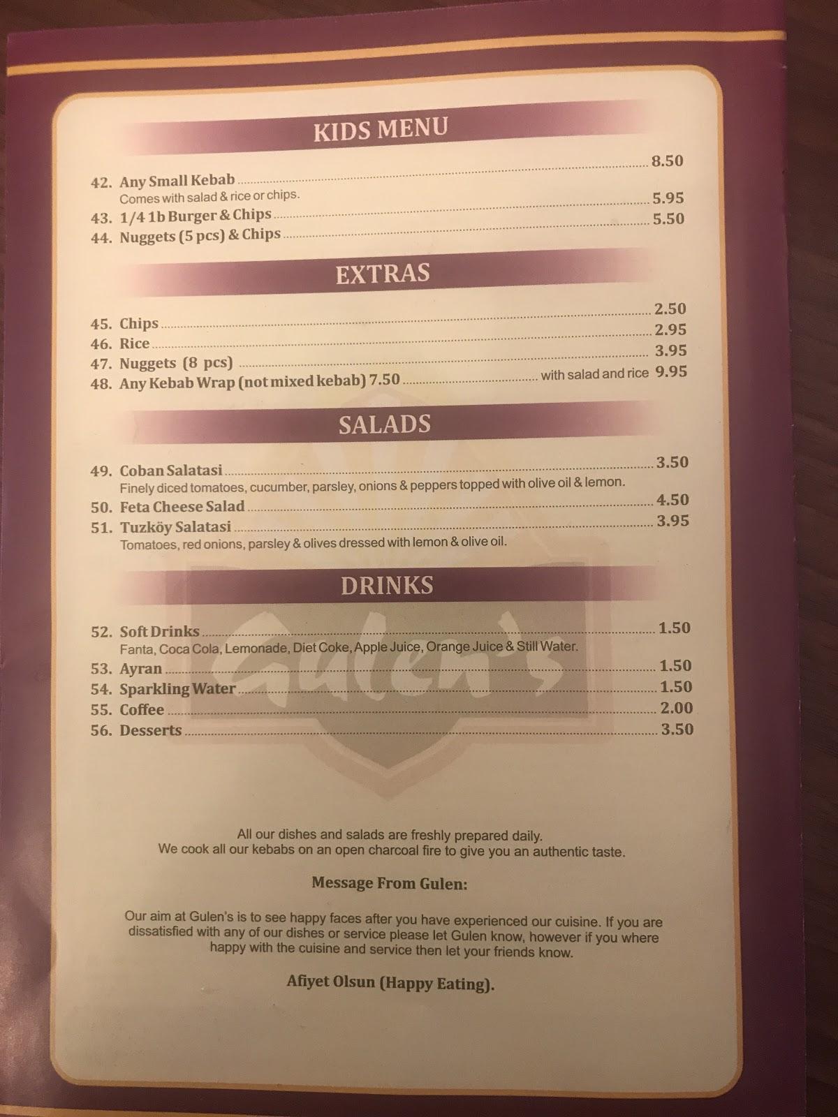 Menu at Gulens welling fast food, Welling