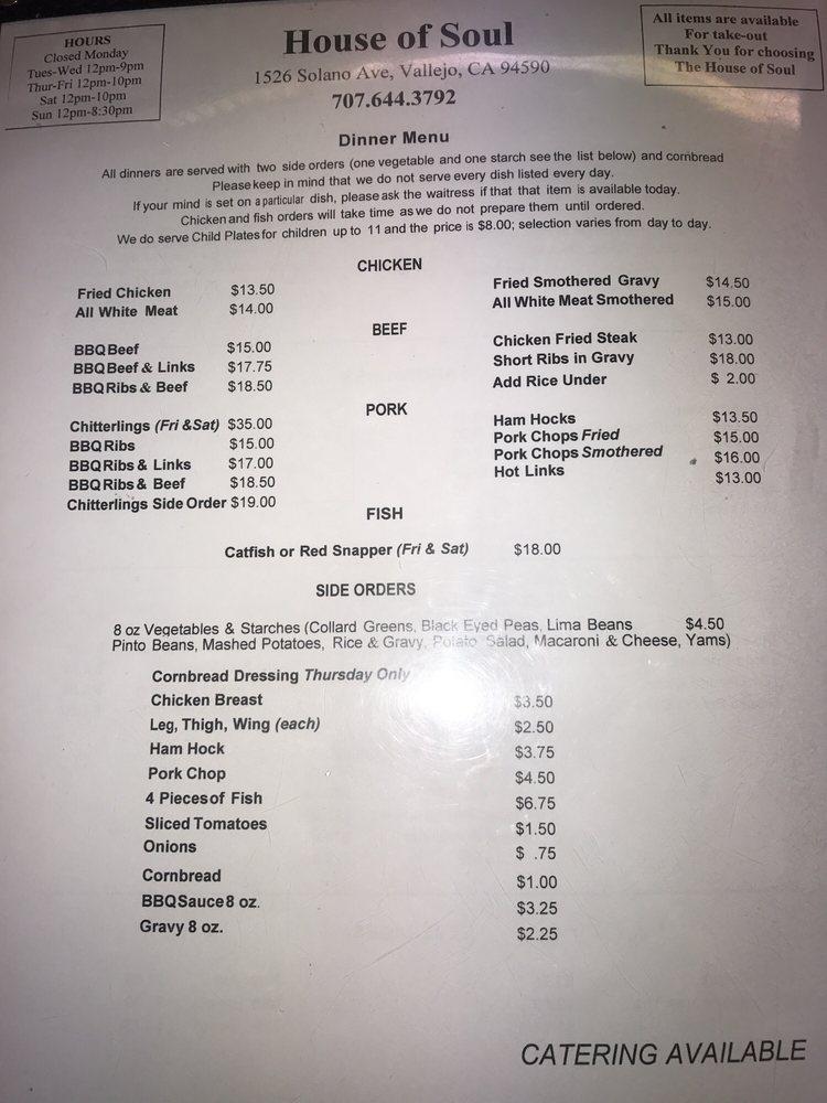 Menu at House of Soul restaurant, Vallejo, Solano Ave