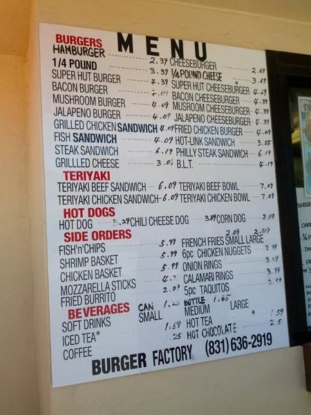 Menu at Burger Factory restaurant, Hollister