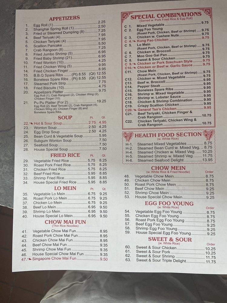 Menu at China One restaurant, Raymond