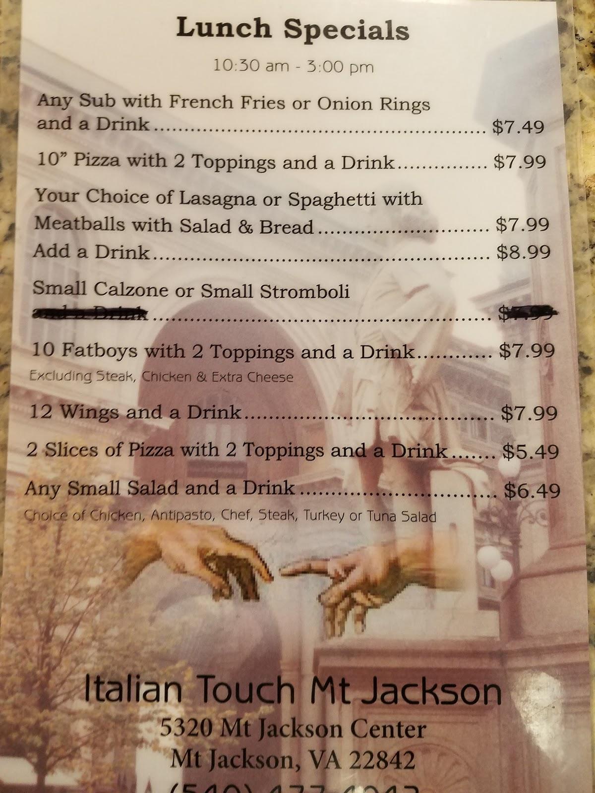 Menu at Italian Touch pizzeria, Mount Jackson