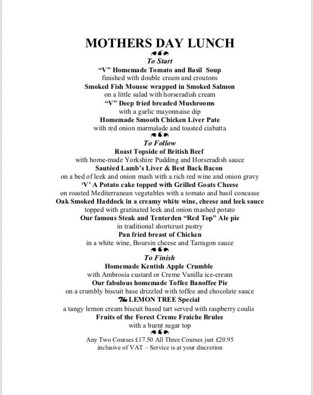 Menu at The Lemon Tree restaurant, Tenterden