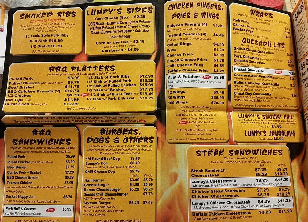 Menu at Lumpy's BBQ, Clementon