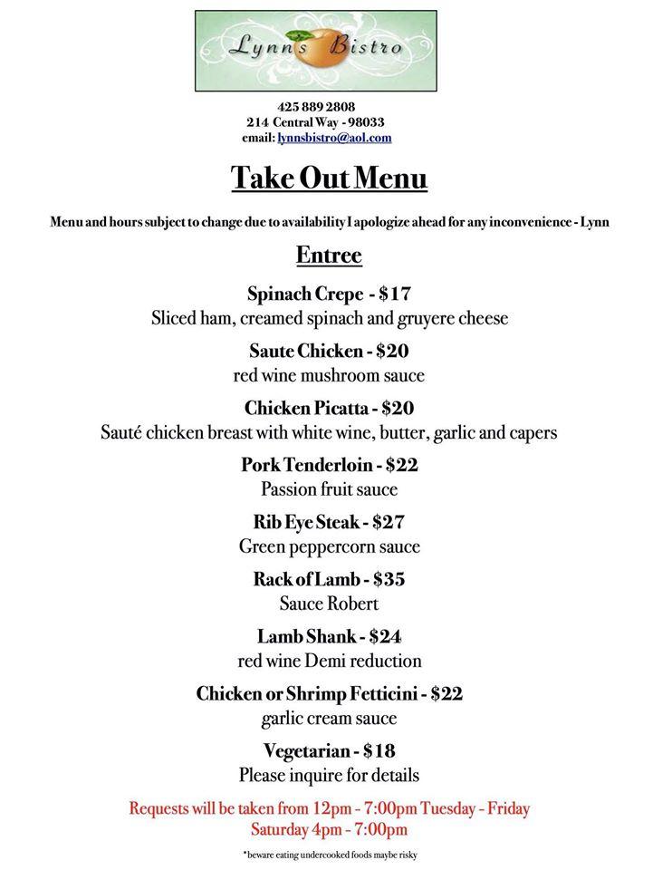 Menu at Lynn's Bistro restaurant, Kirkland