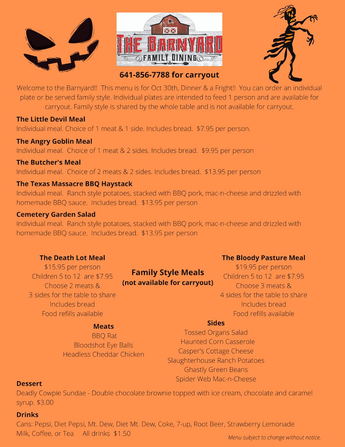 Menu at The Barnyard, Centerville