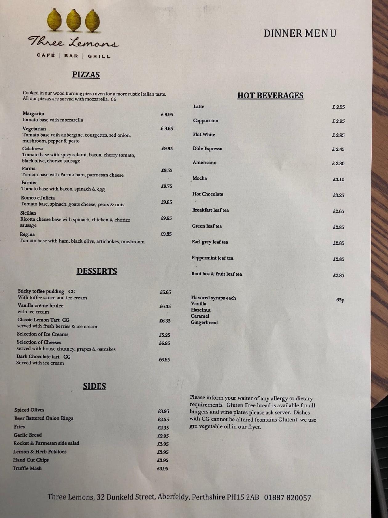 Menu at Three Lemons pub & bar, Aberfeldy