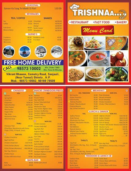 Menu at Trishnaa, Shimla