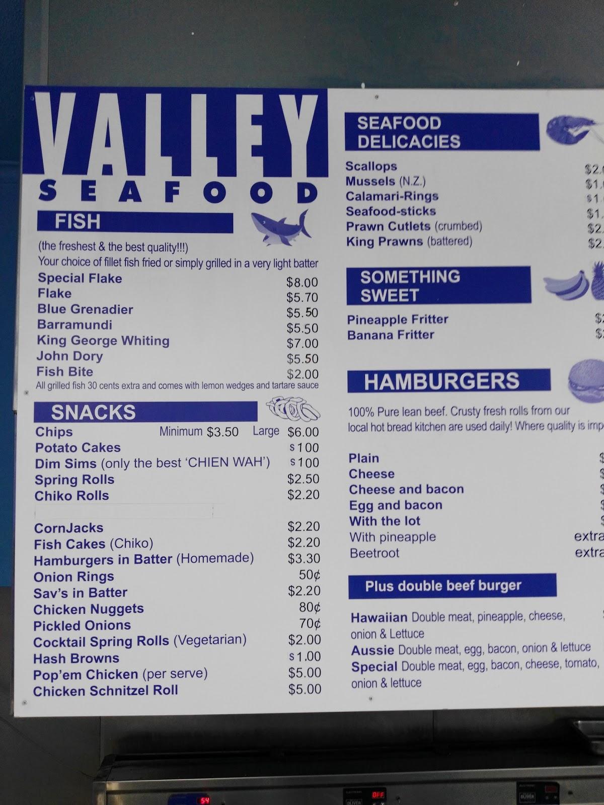Menu at Valley Seafood restaurant, Moonee Ponds