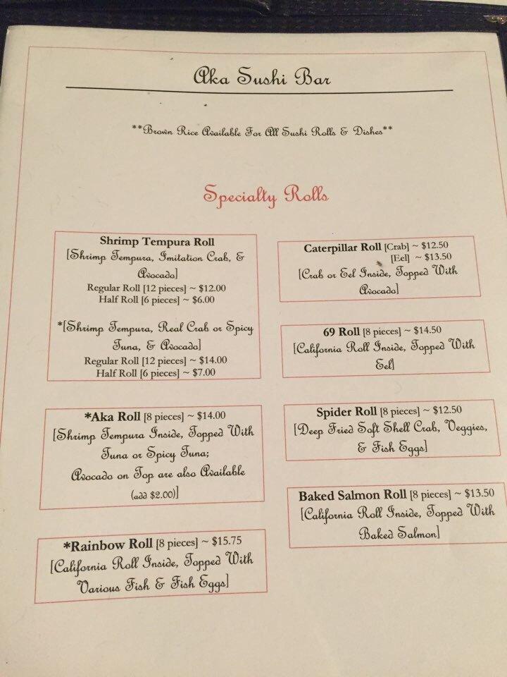 Menu at Aka Sushi restaurant, Waimea