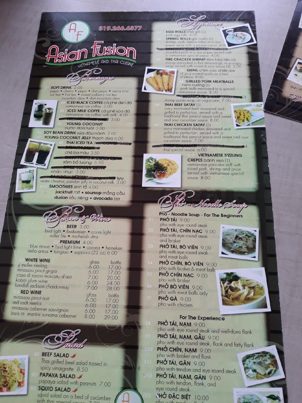 Menu at Asian Fusion restaurant, Cedar Falls