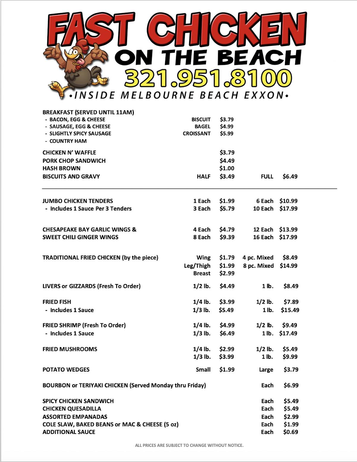 Menu at Fast Chicken on the Beach fast food, Melbourne Beach, 904 Oak St