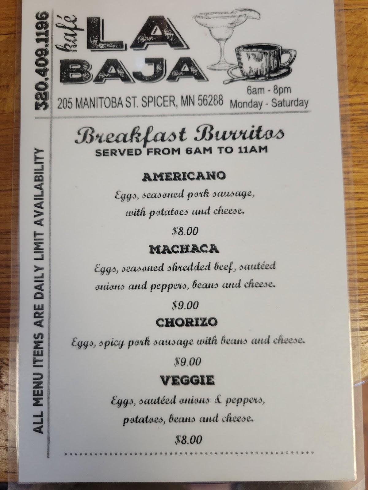 Menu at Kafe La Baja restaurant, Spicer