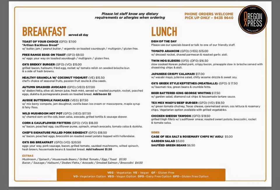 Menu at Oregon Xpress cafe, Eltham North