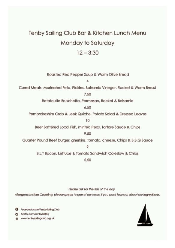 Menu at Tenby Sailing Club, Tenby