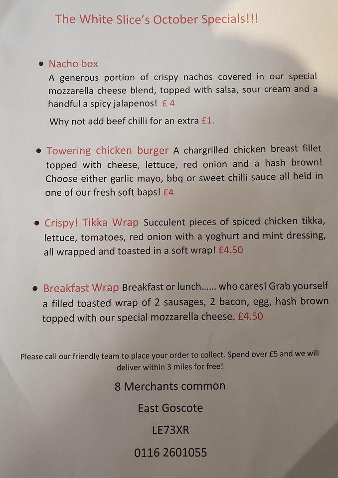 Menu at The White Slice restaurant, Leicester