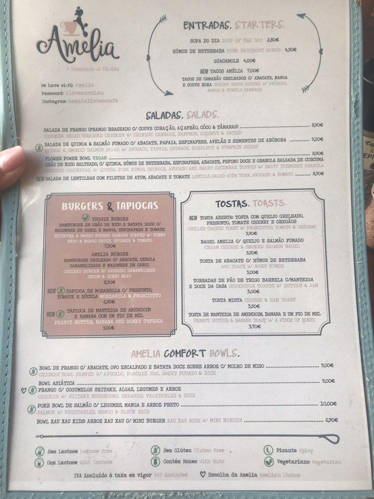 Menu at Amélia Lisboa cafe, Lisbon