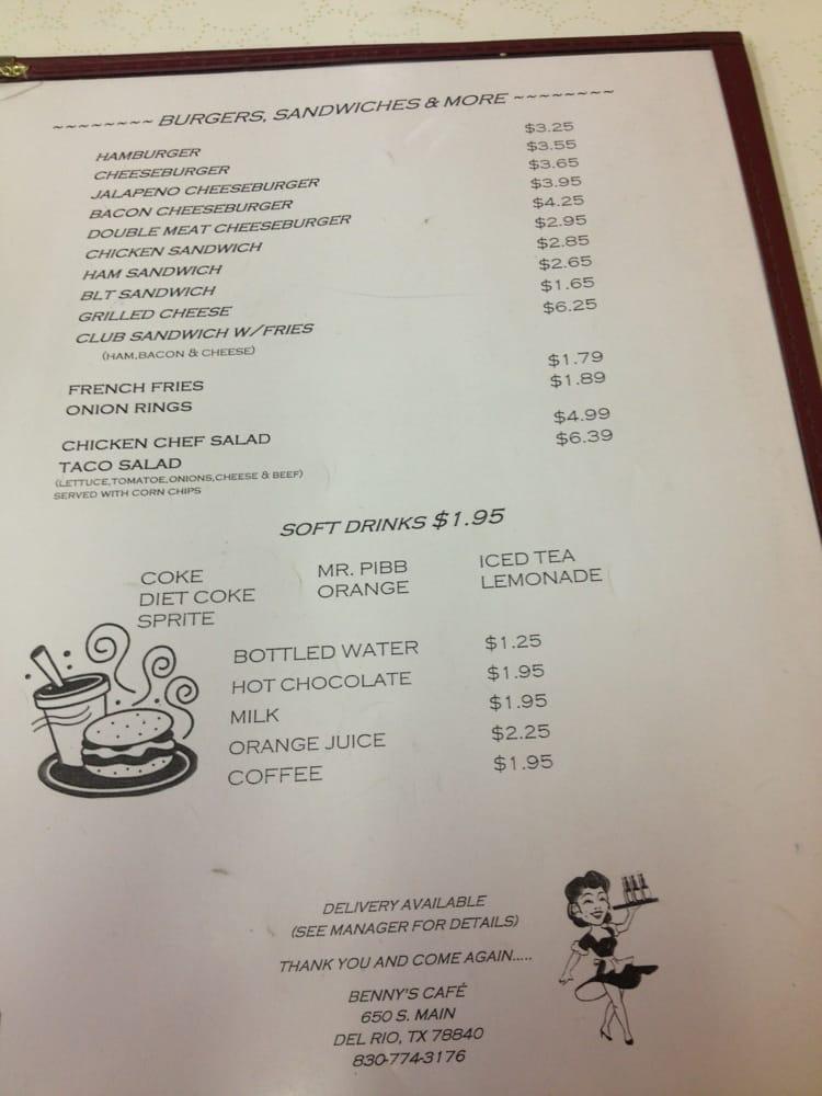 Menu at Benny's Cafe - Del Rio, Tx, Del Rio