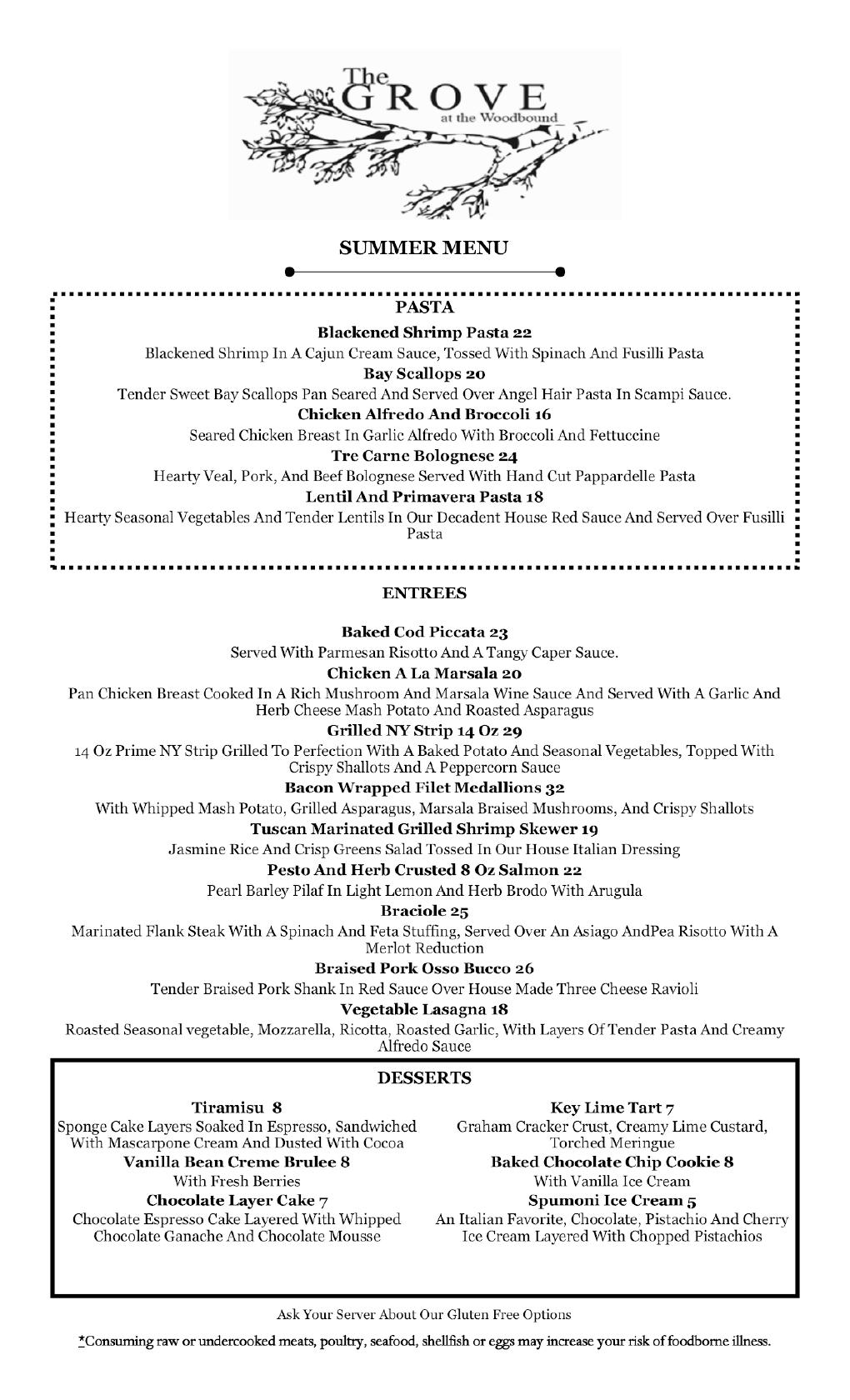 Menu at The Grove At Woodbound Inn restaurant, Rindge