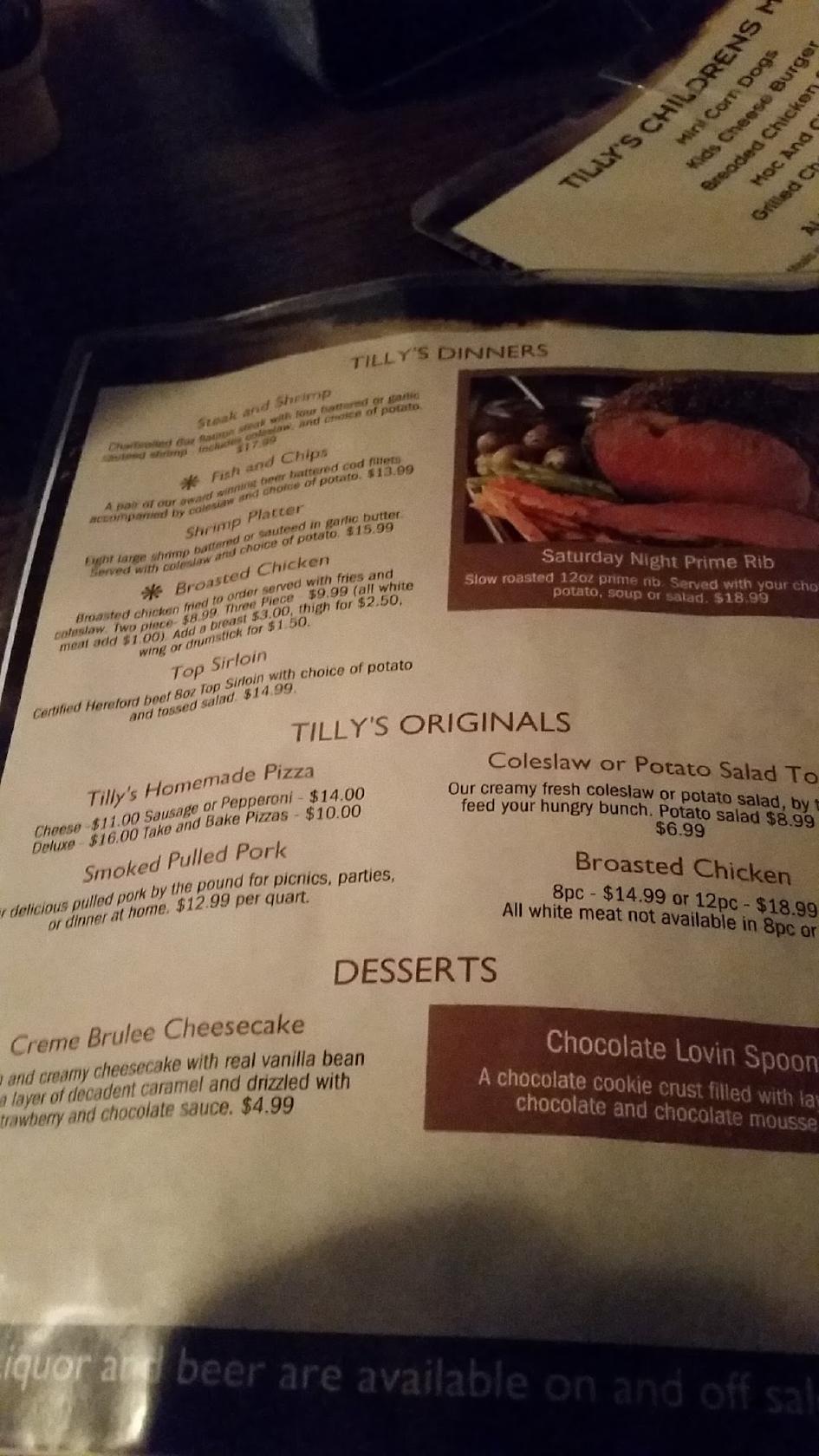 Menu at Tilly's Oronoco LLC pub & bar, Oronoco, Lake Shady Ave S