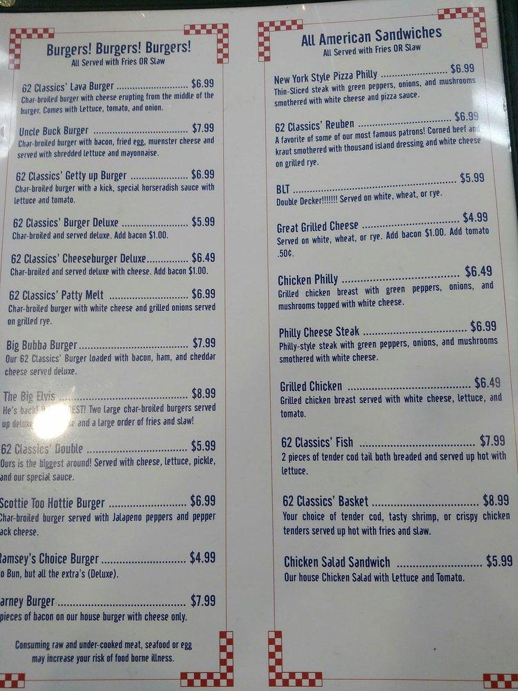 Menu at 62 Classics' Diner restaurant, Hillsboro