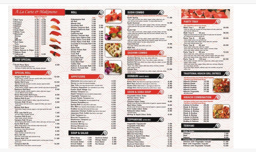 Menu at AKame Sushi restaurant, Eau Claire