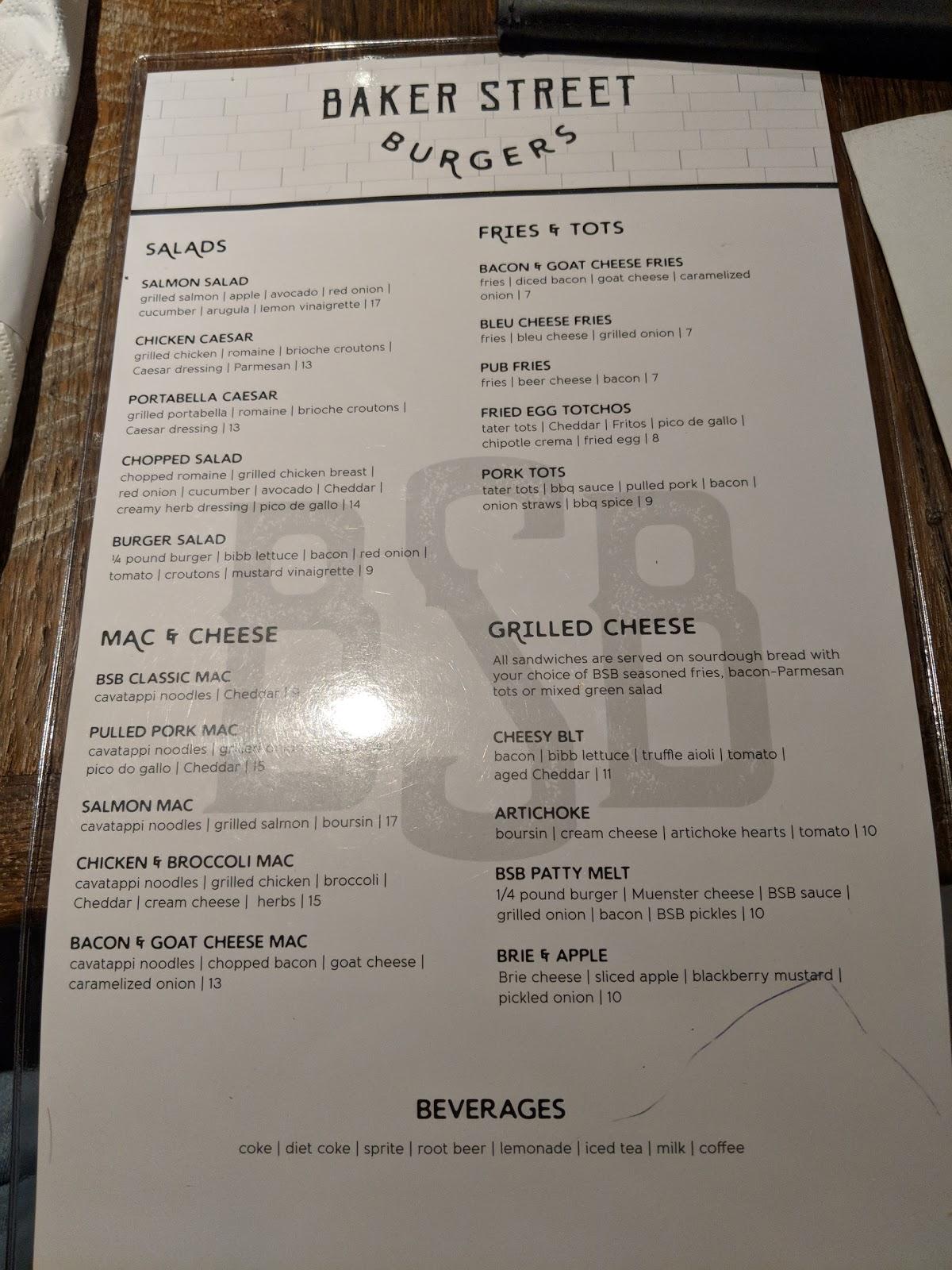 Menu at Baker Street Burgers restaurant, Rockford