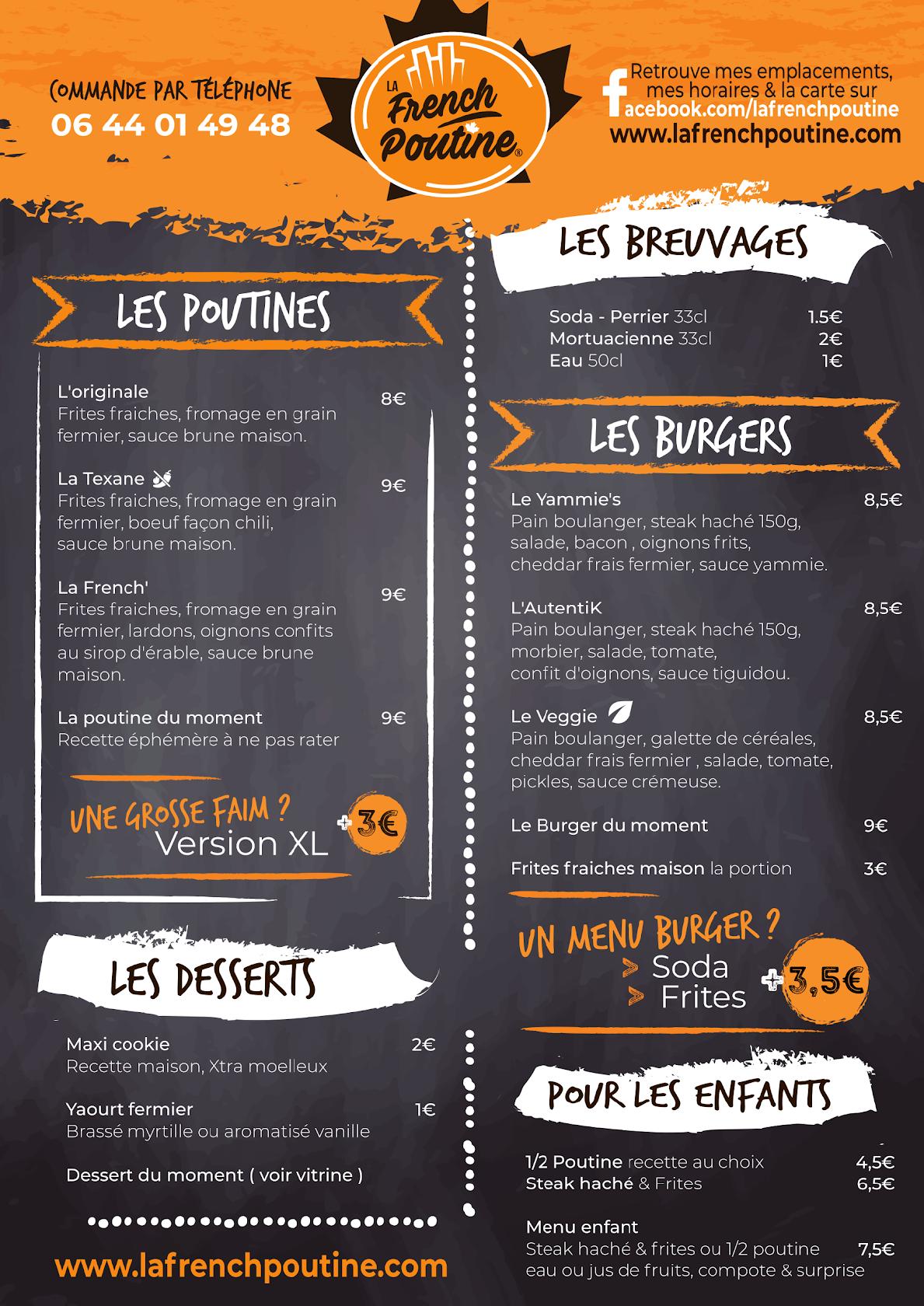 Menu at La French Poutine restaurant, Saint-Vit