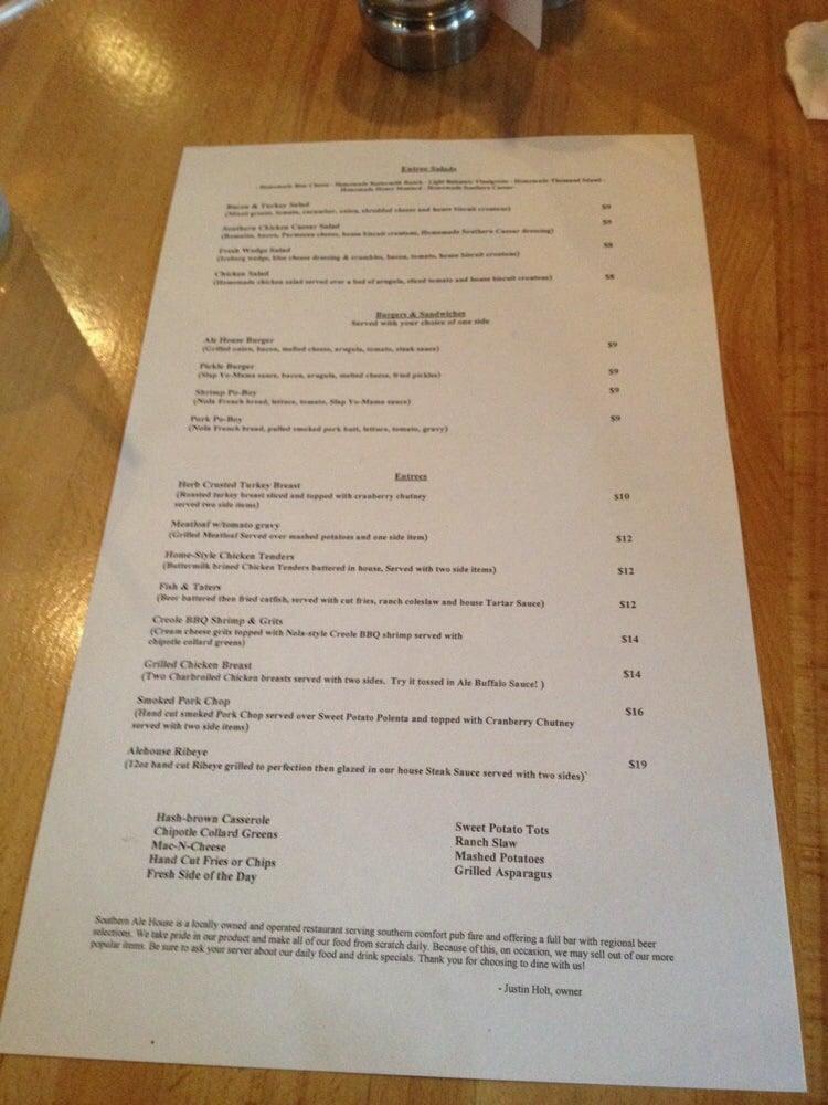 Menu at Southern Ale House restaurant, Tuscaloosa