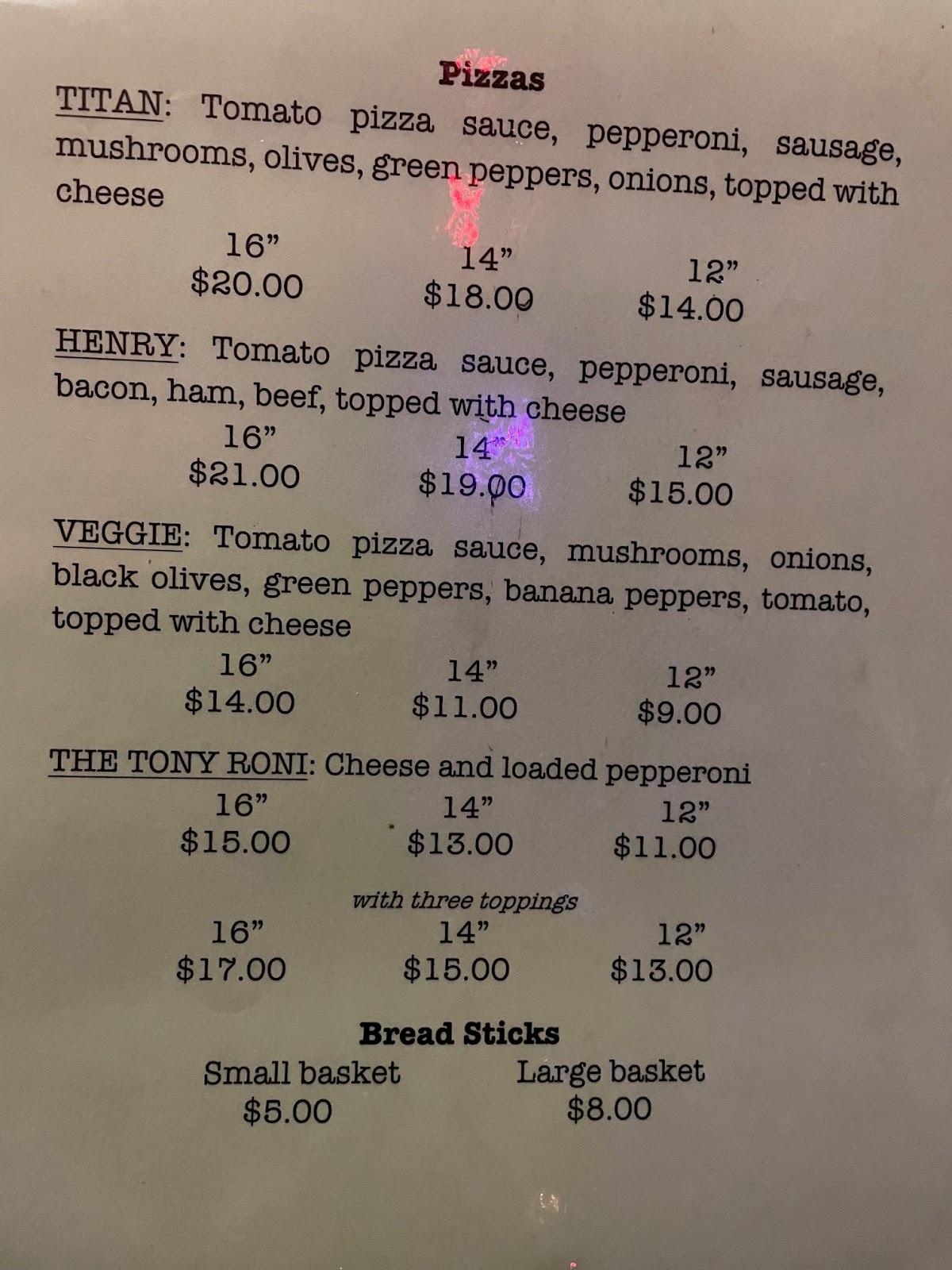 Menu at Tony's Bar and Grill, Springfield