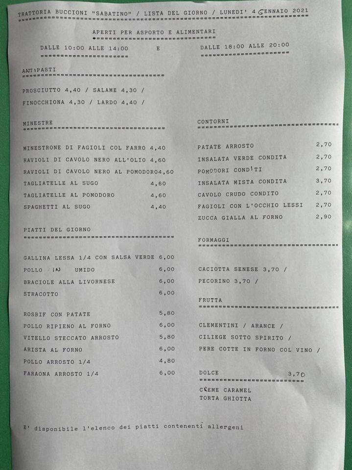 Menu at Trattoria Sabatino restaurant, Florence
