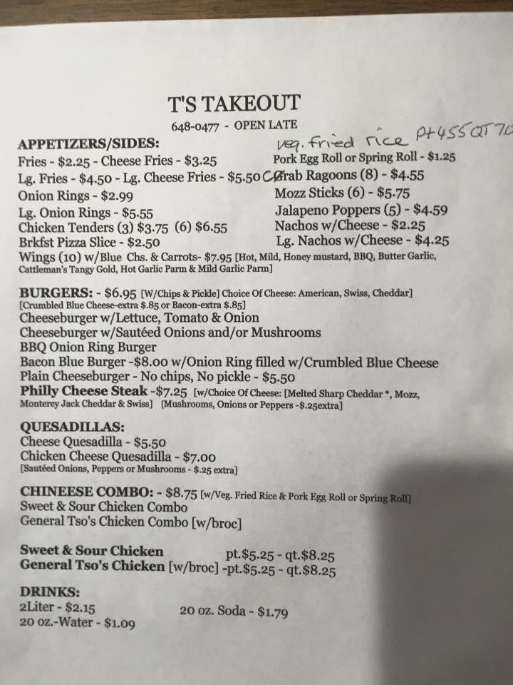 Menu at T's Take Out restaurant, Indian Lake