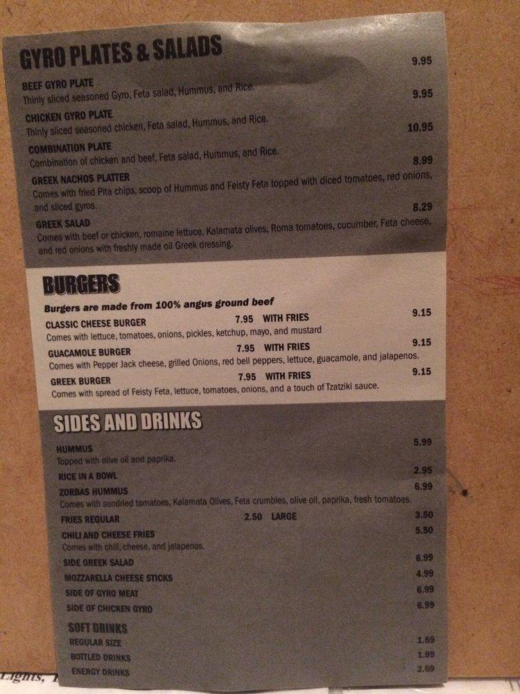 Carta del restaurante Zorbas, Lafayette