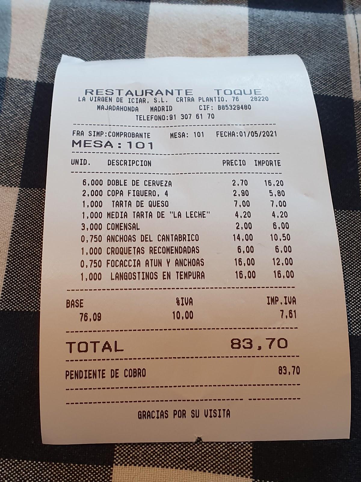 Carta de Toque Restaurante, Majadahonda