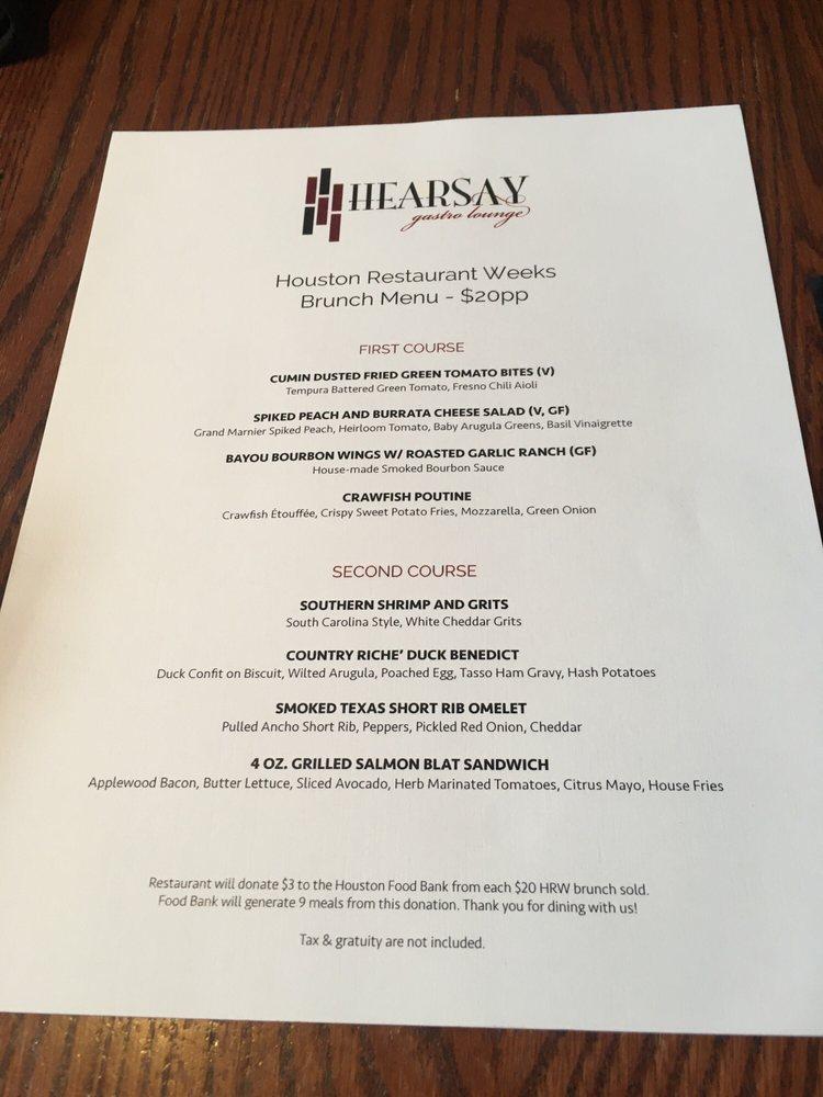 Menu at Hearsay Market Square restaurant, Houston