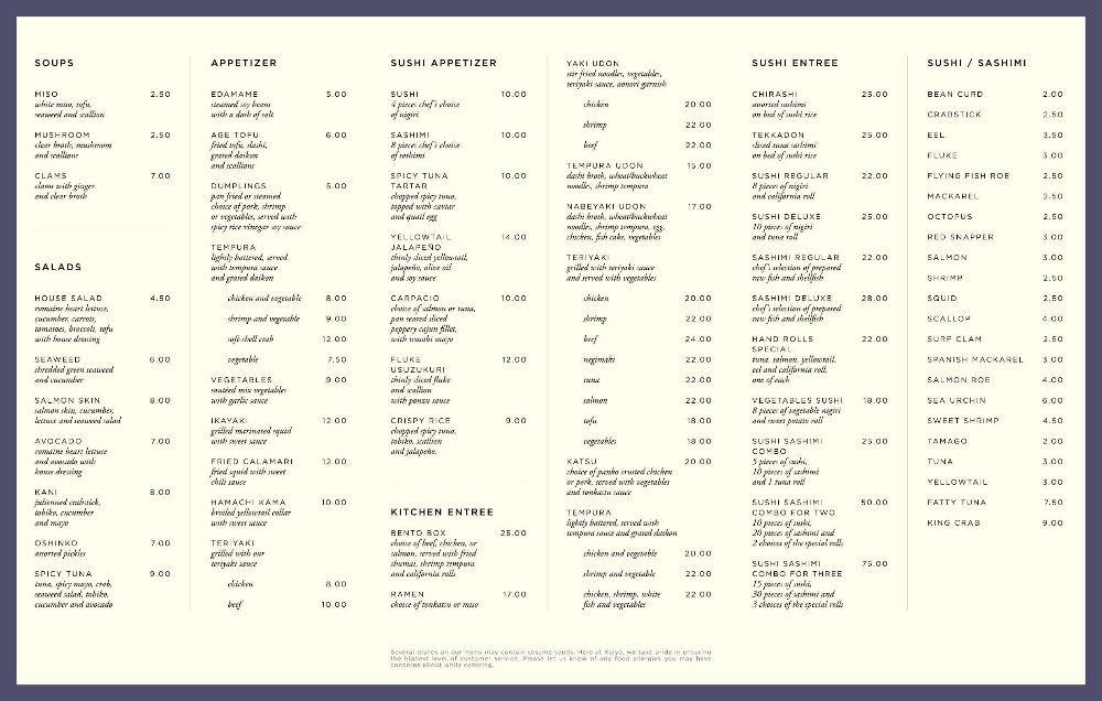 Menu at Kaiyo restaurant, Mineola