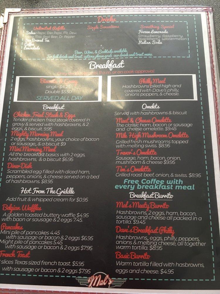 Menu at Mal's Diner pub & bar, Vale